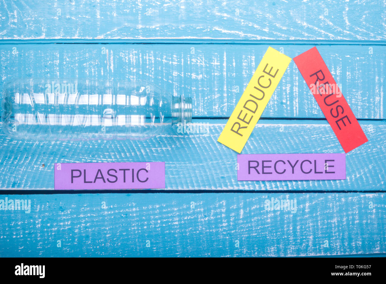 Recycle concept showing plastic with reduce, reuse & recylce on a blue ...
