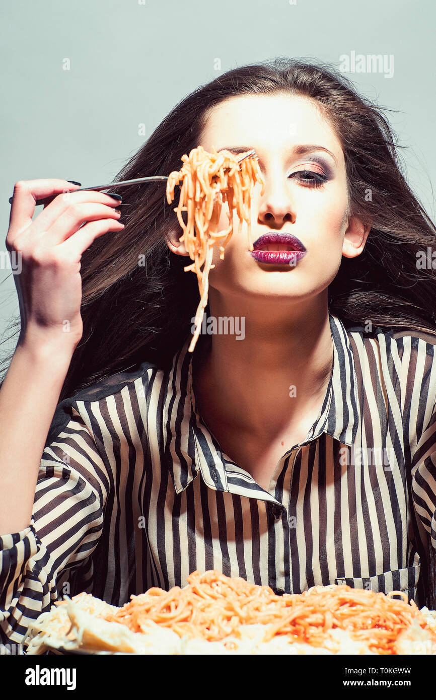 Spaghetti On Fork Girl Keeping Fork With Spaghetti Young Woman Eating