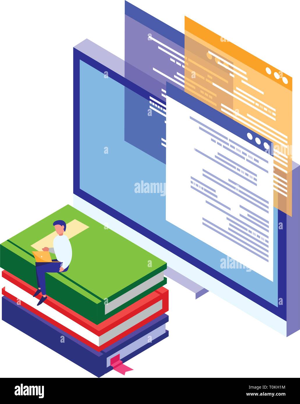 pile text books with desktop and minipeople vector illustration design ...