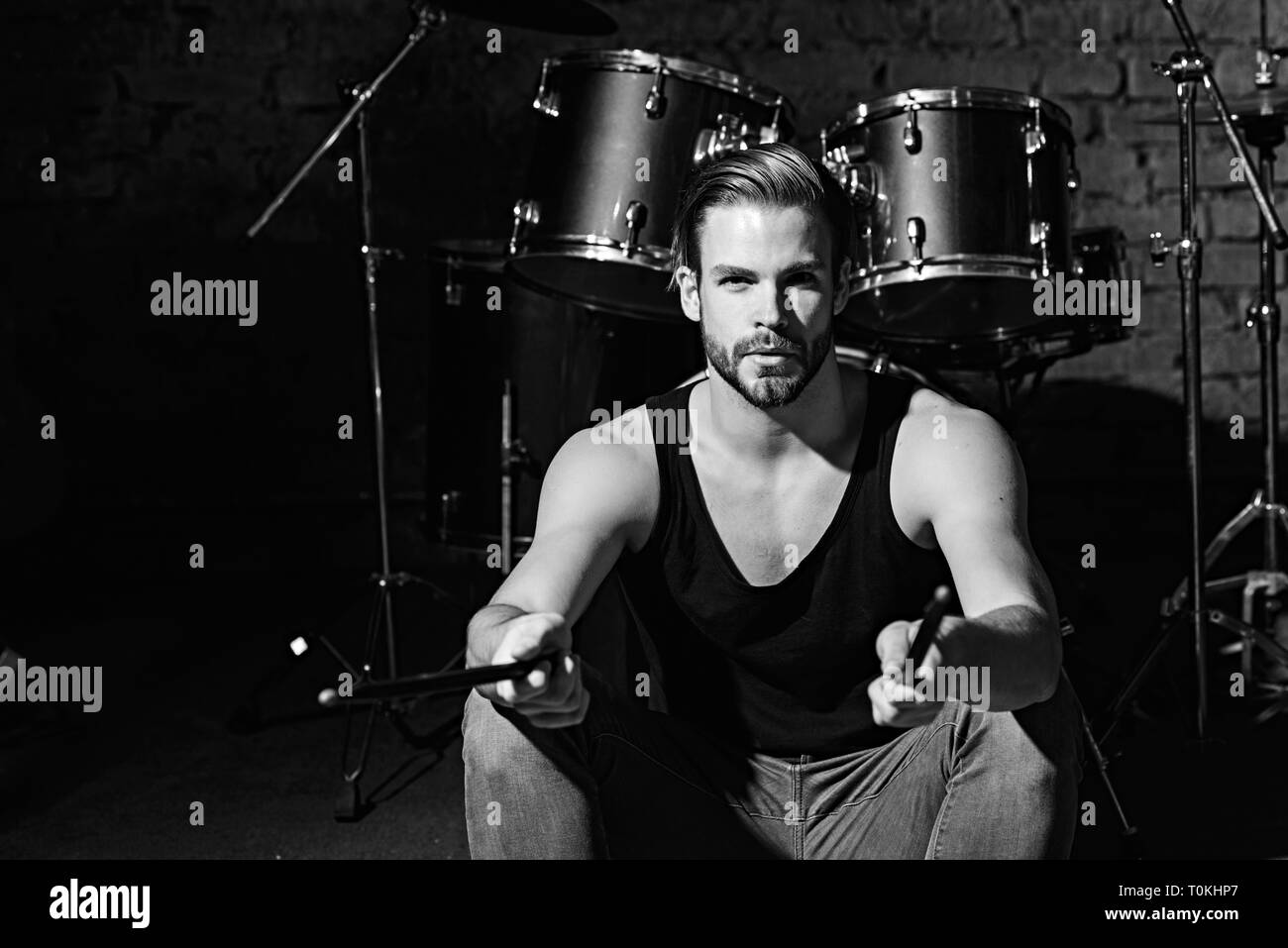 Man handsome drummer Black and White Stock Photos & Images - Alamy