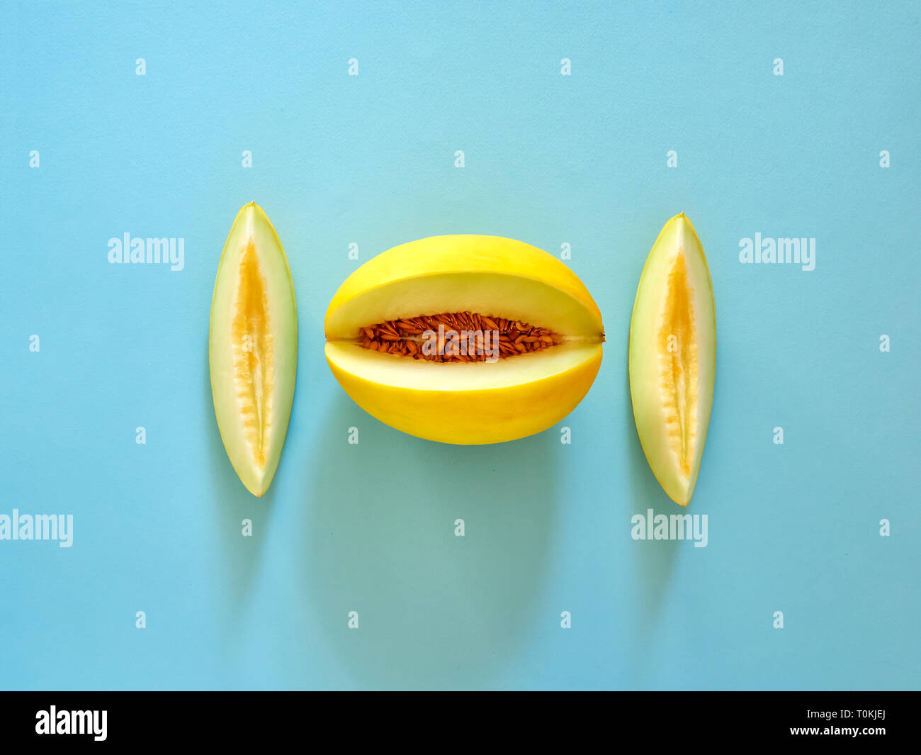 Yellow Melon Fruit isolated in cyan background viewed from above ...