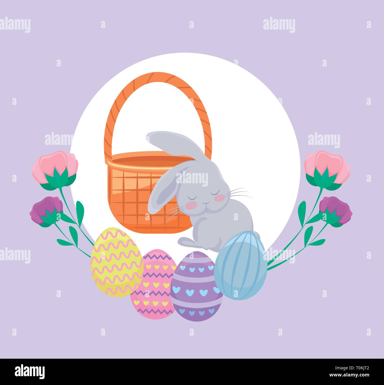cute rabbit with eggs of easter and flowers vector illustration design ...