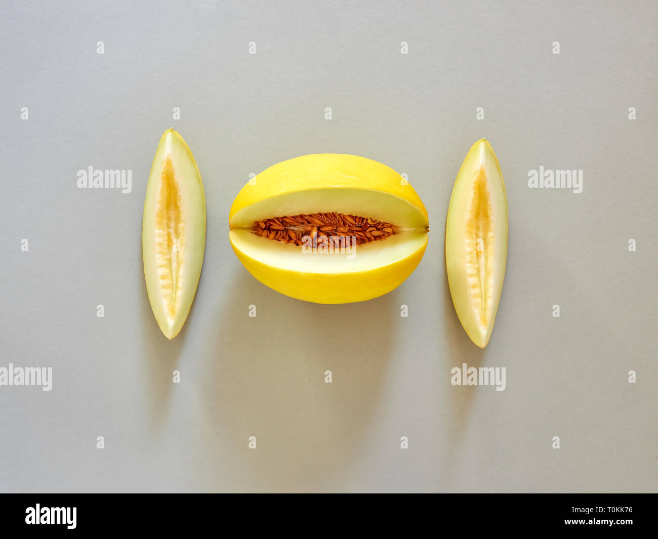 Yellow Melon Fruit isolated in grey background viewed from above ...