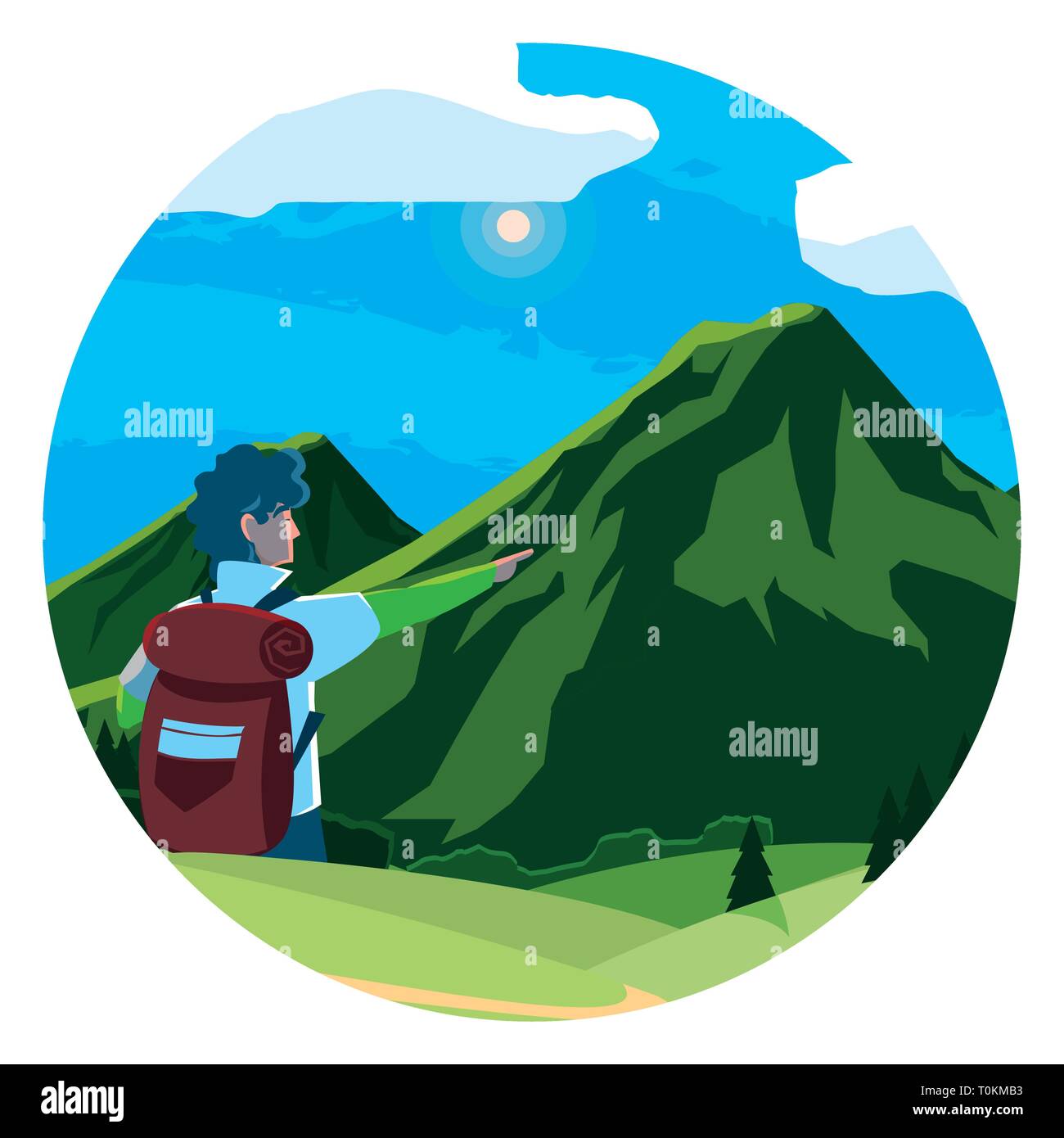 adventurous man with travelbag in the mountains vector illustration ...