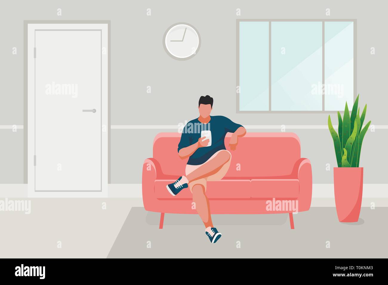 Man sitting on the sofa. Man using mobile phone. Vector illustration ...