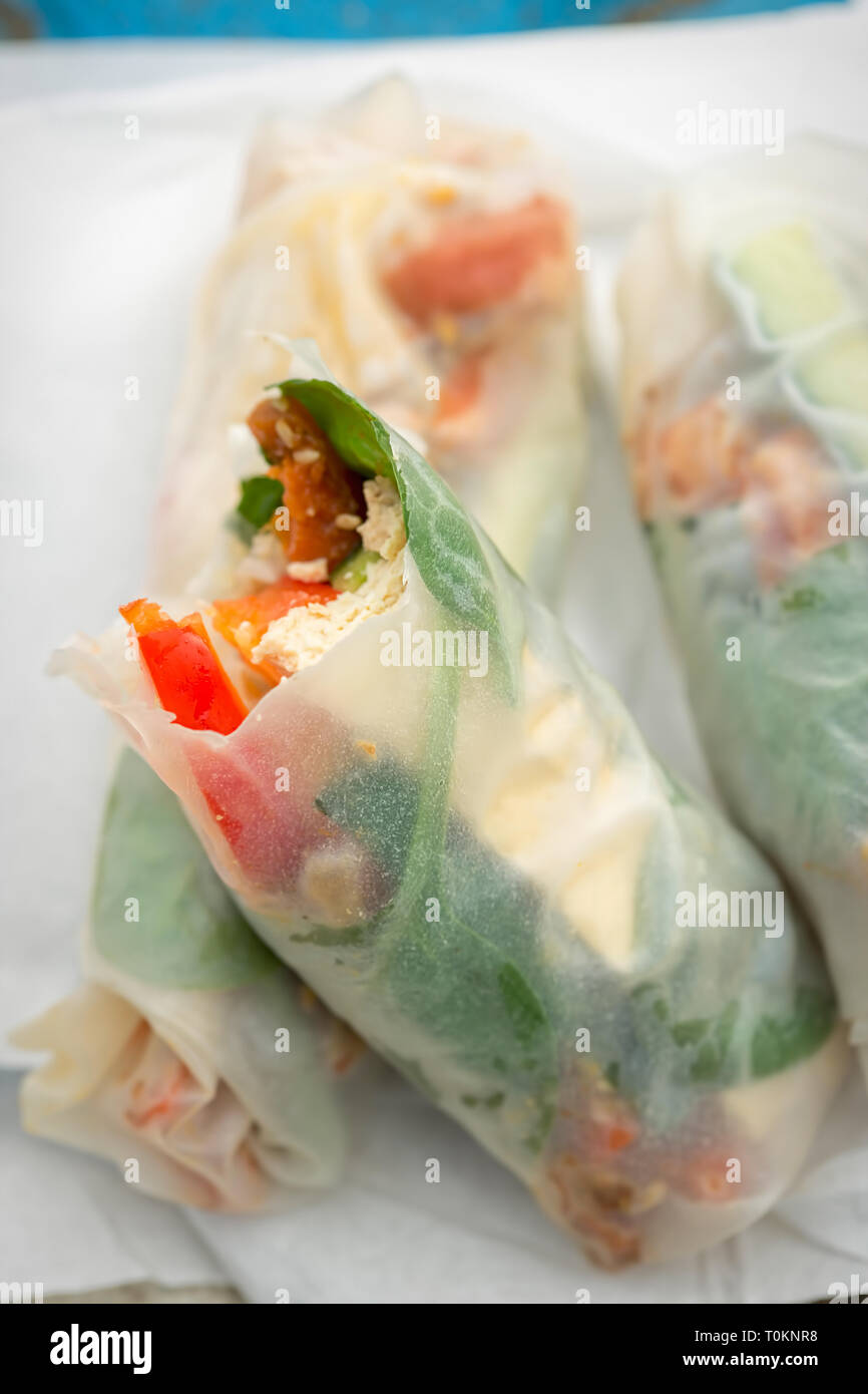 Rice paper tofu vegetable rolls with cucumber, spinach and red peppers ...