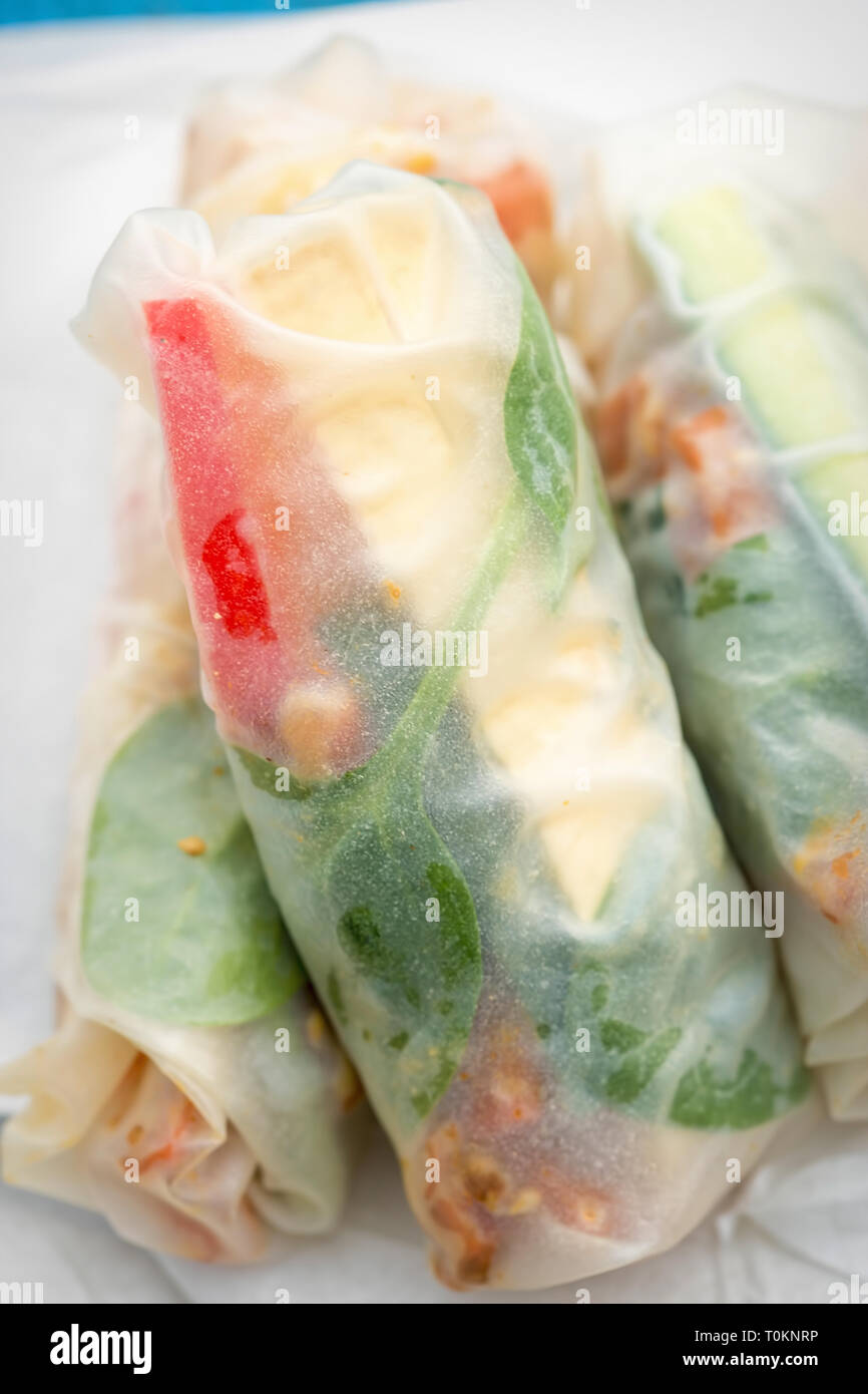 Rice paper tofu vegetable rolls with cucumber, spinach and red peppers ...