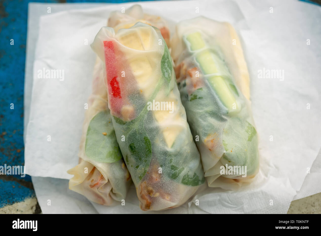 Rice paper tofu vegetable rolls with cucumber, spinach and red peppers ...