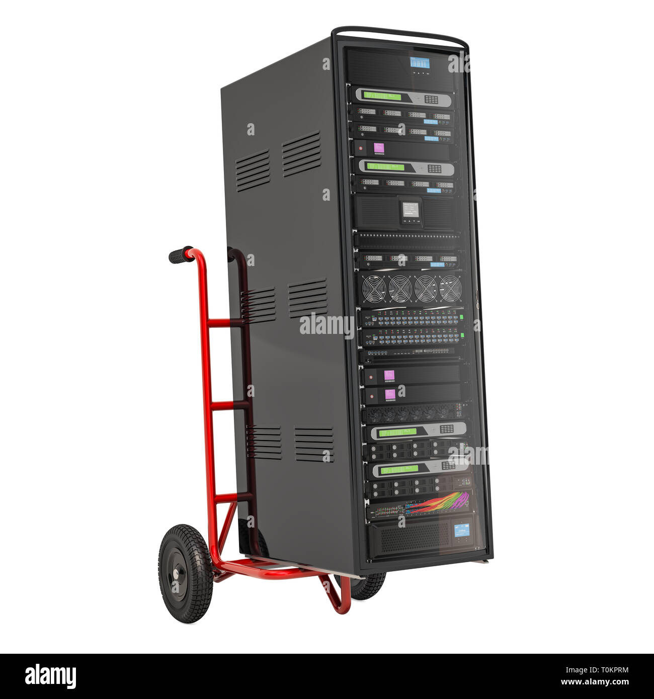 Hand truck with computer server rack, delivery concept. 3D rendering ...