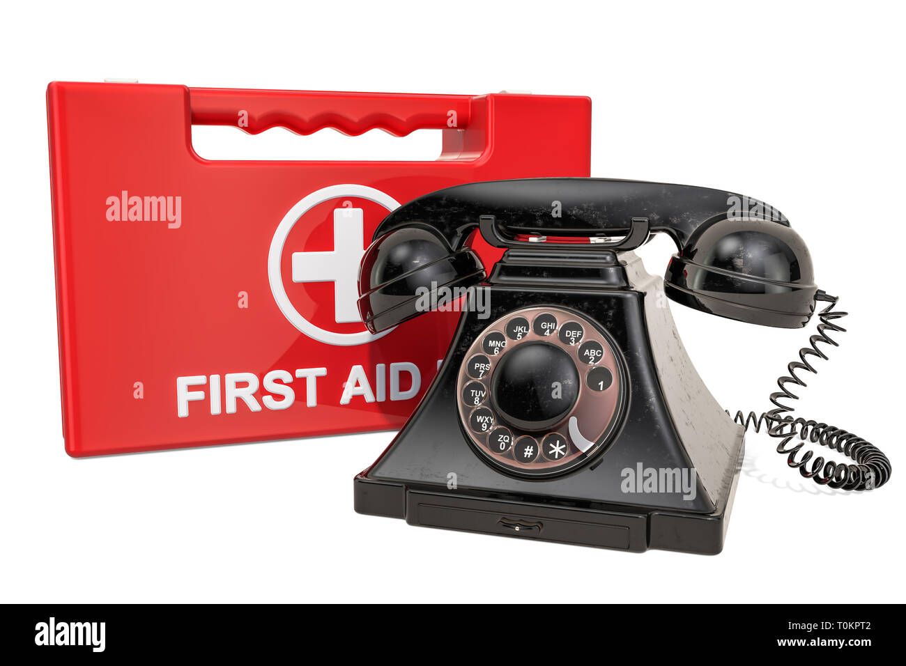 Retro phone and medical kit. First aid concept. 3D rendering isolated ...