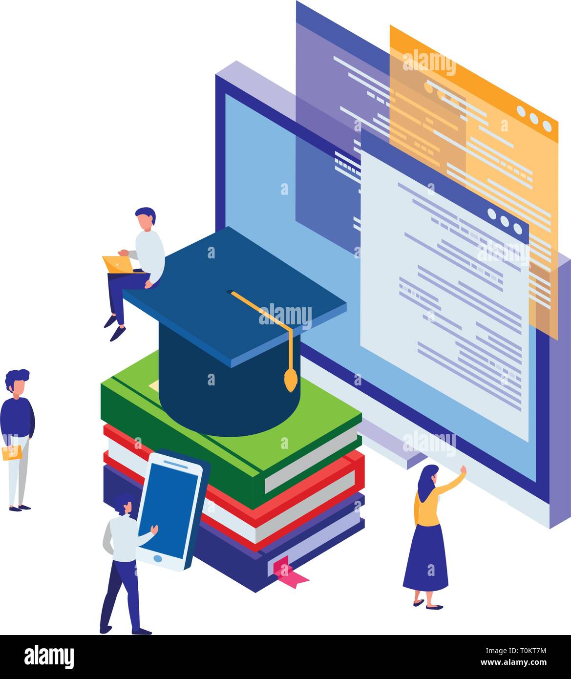 pile text books with desktop and minipeople vector illustration design ...