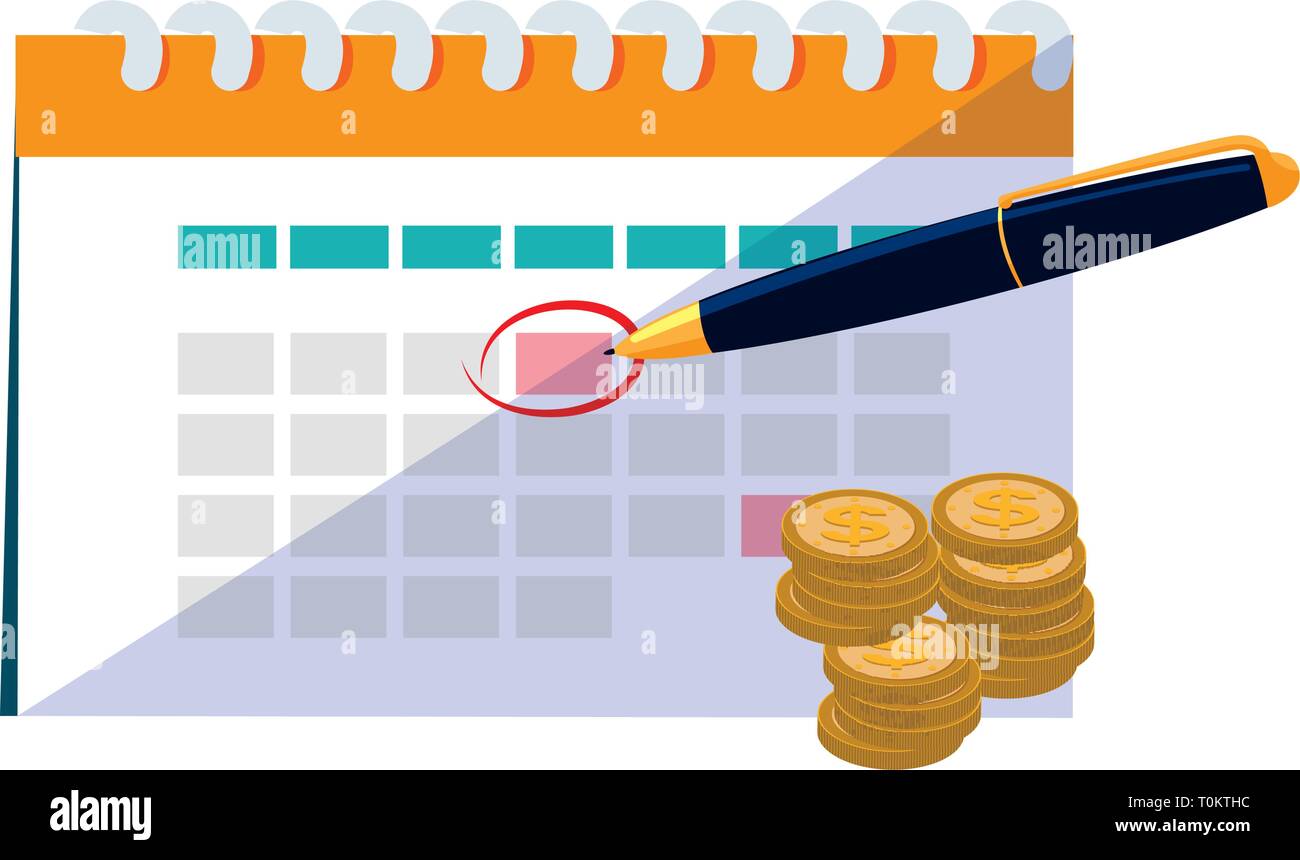 coins money with calendar and pen vector illustration design Stock ...