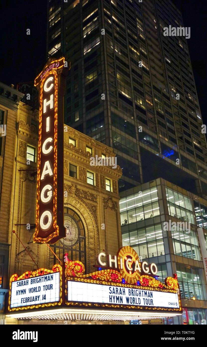 CHICAGO, IL -14 FEB 2019- View of the landmark Chicago Theater, a ...