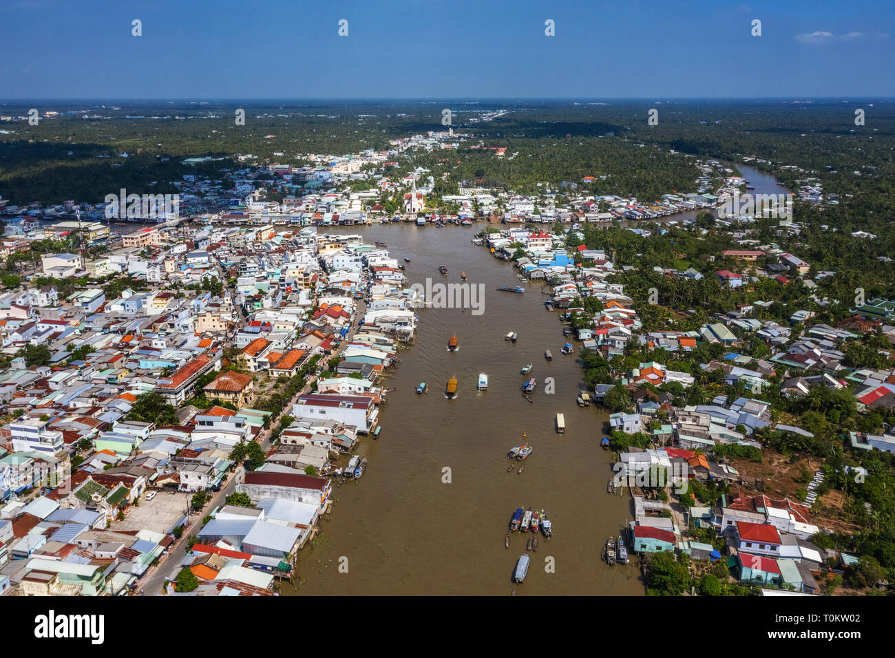 Aerial view of Cai Be floating market on Tien Giang river, Vietnam ...
