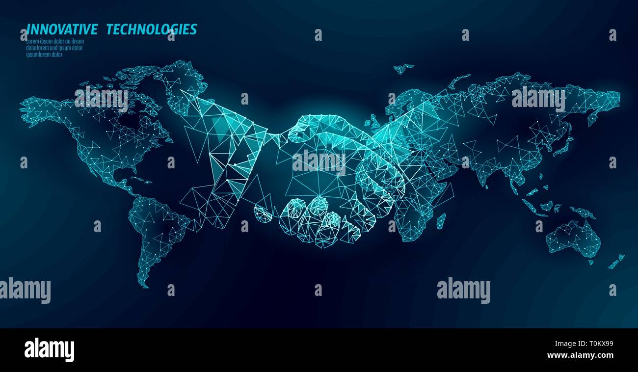 Global handshake business agreement. Low poly polygonal triangle ...