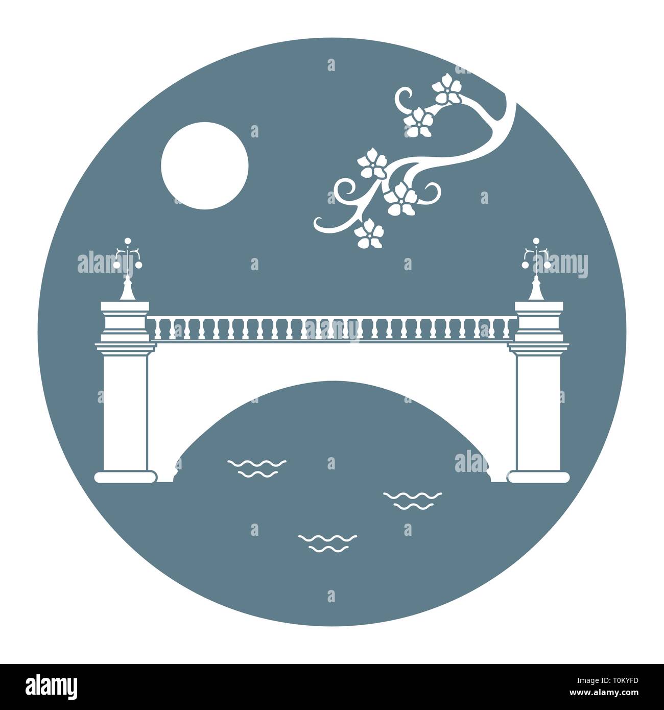 Vector illustration with sakura branch and old bridge. Japan ...