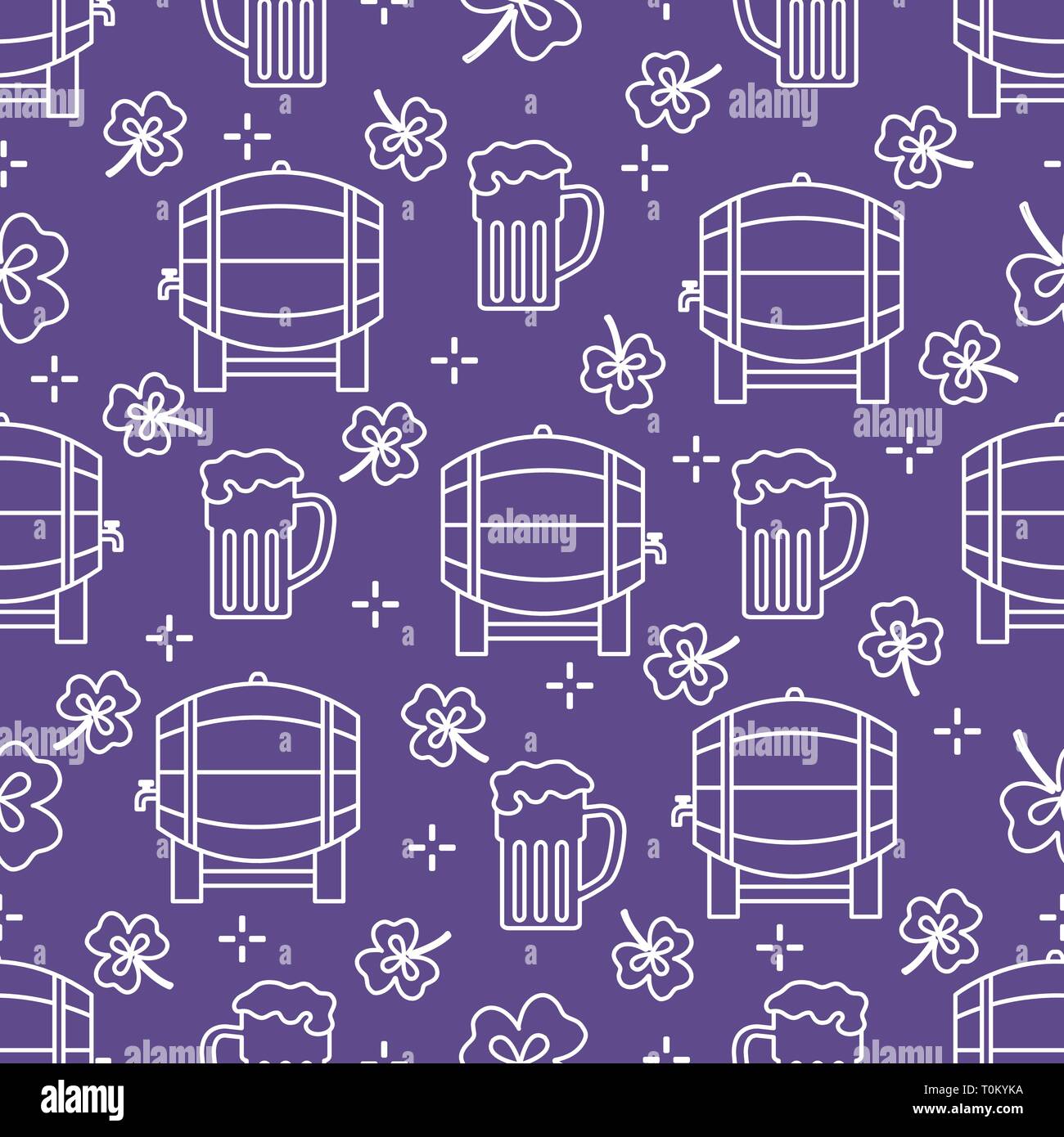 Seamless pattern with clover leaves, beer barrel, beer mug. St. Patrick ...