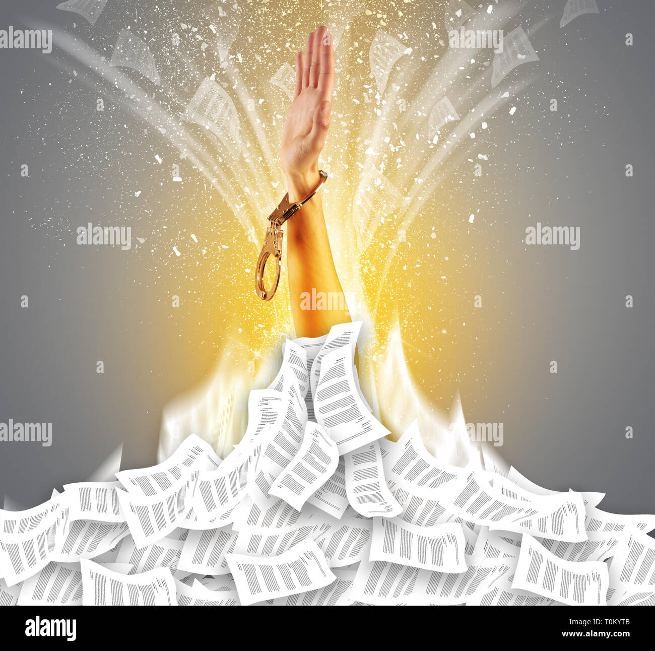 Hand buried in document pile and breaking out from it Stock Photo - Alamy