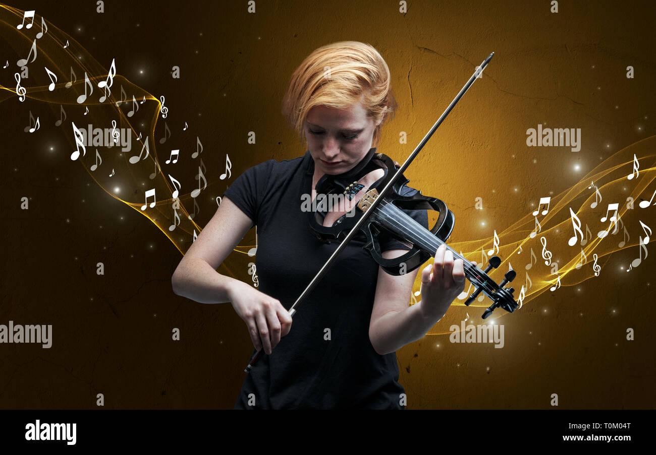 Lonely musical composer with violin and sparkling musical notes around ...
