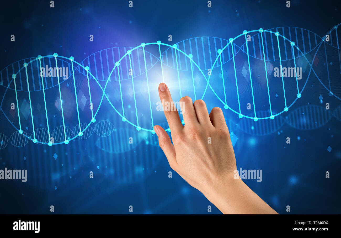 Female hand touching DNA molecule with blue background Stock Photo - Alamy