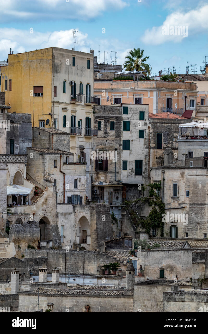 Amazing close-up vertical layered view of ancient town of Matera, the ...