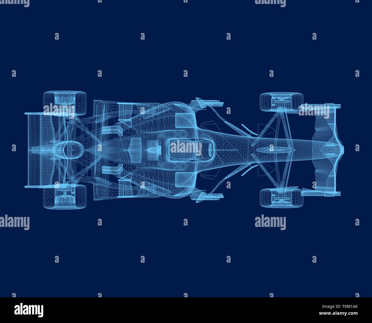 Wireframe racing car of the blue lines on a dark background. View from ...
