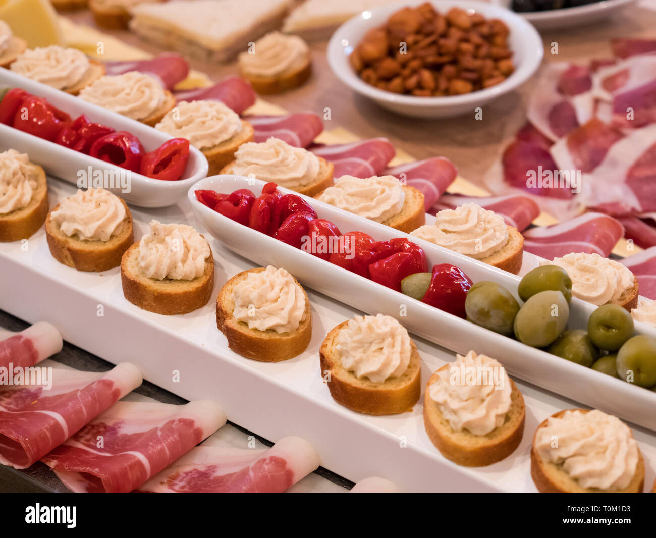 Catering table full of various delicious food close up at restaurant ...