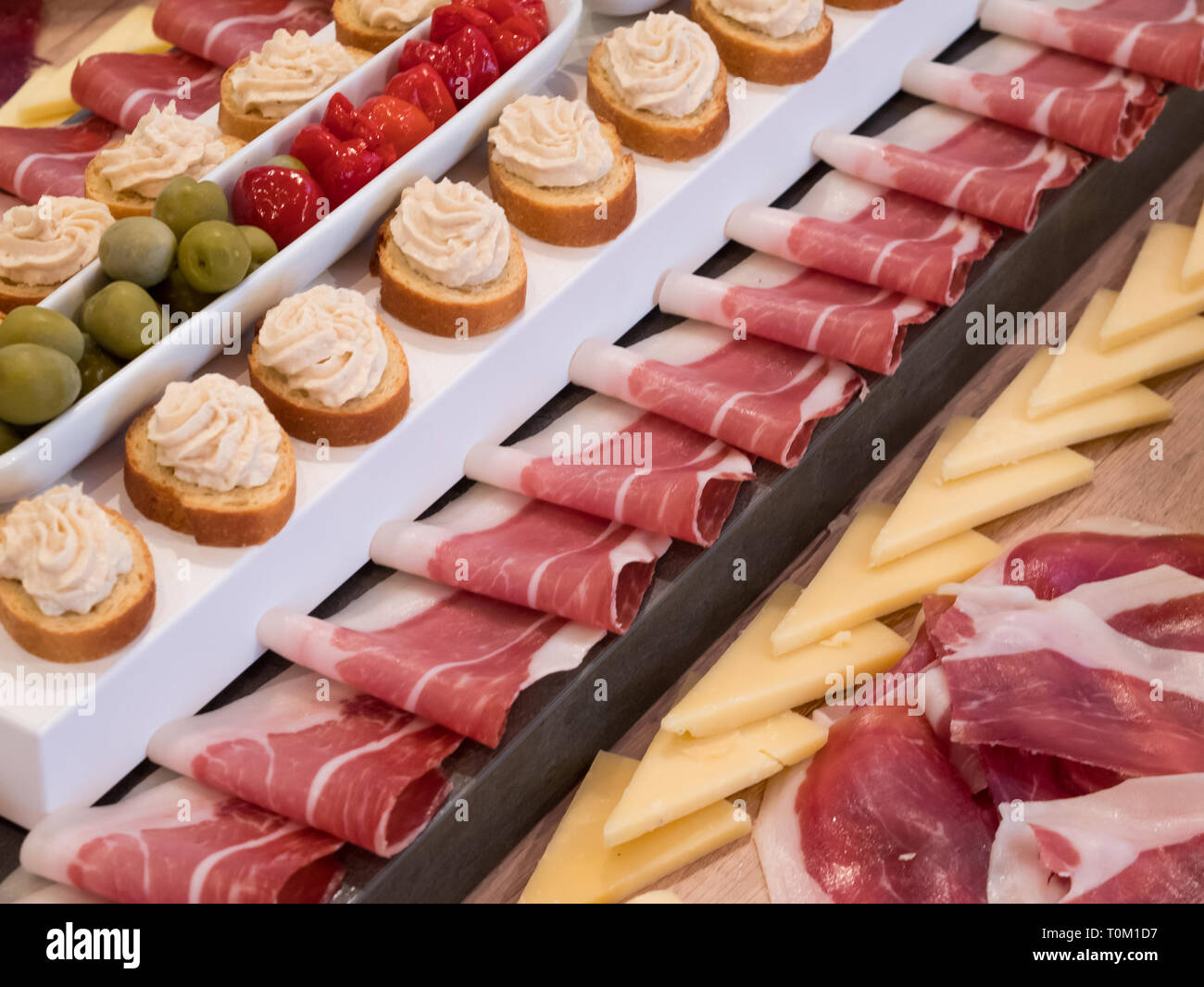 Catering table top view full of delicious food top view Stock Photo - Alamy