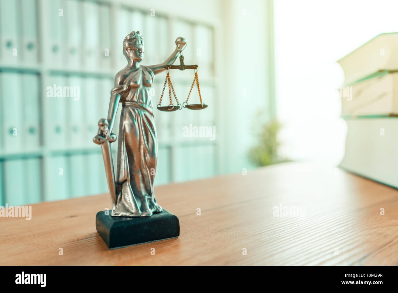Lady Justice statue in law firm attorney office, blindfolded Justitia ...