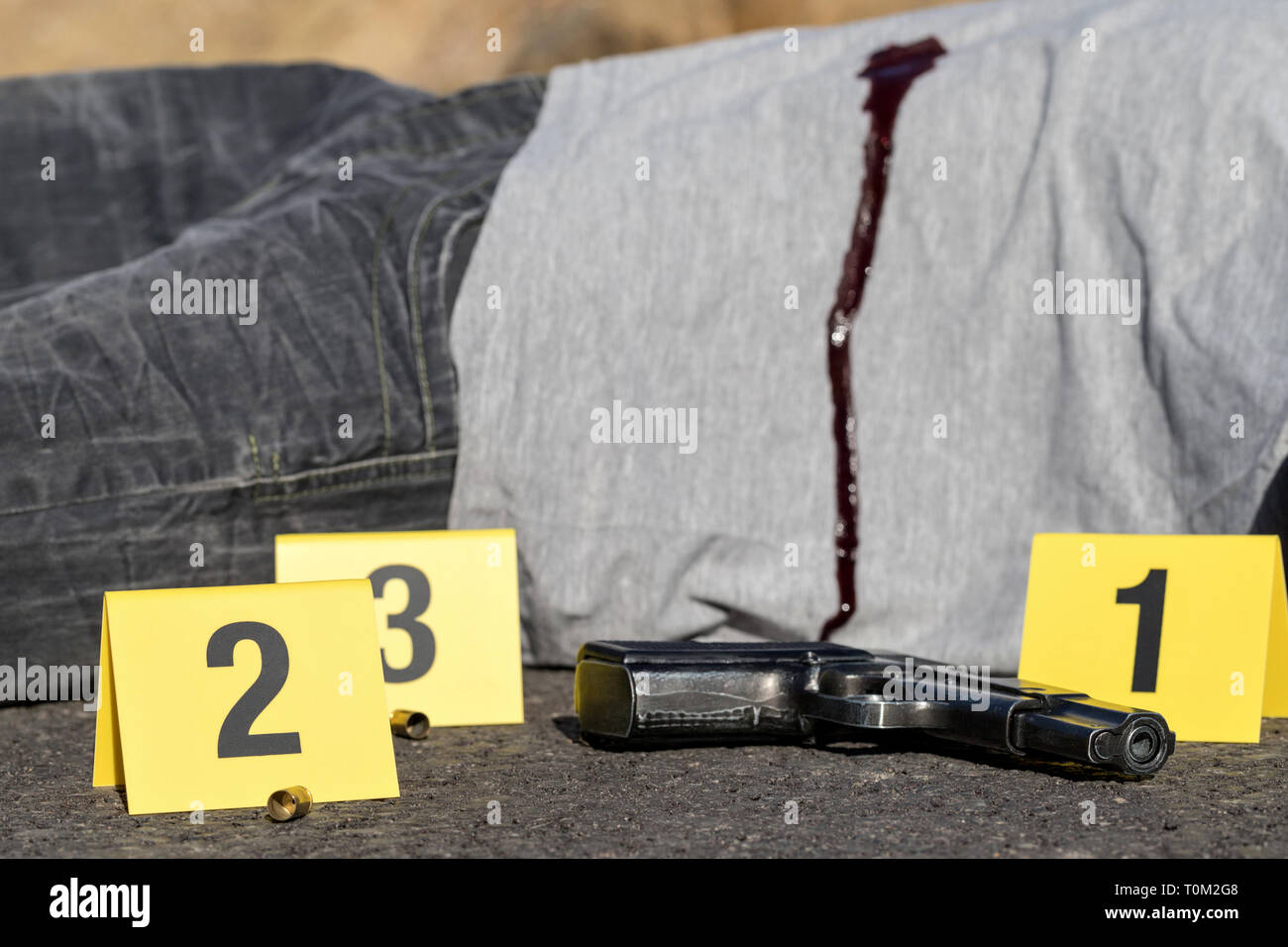 ID tents at crime scene after gunfight Stock Photo - Alamy