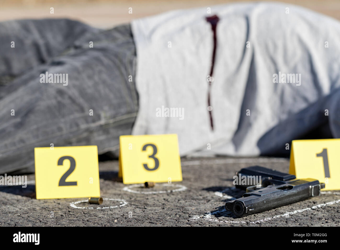 ID tents at crime scene after gunfight Stock Photo - Alamy
