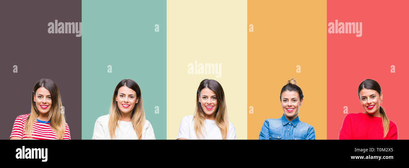 Collage of young beautiful woman over colorful vintage isolated ...