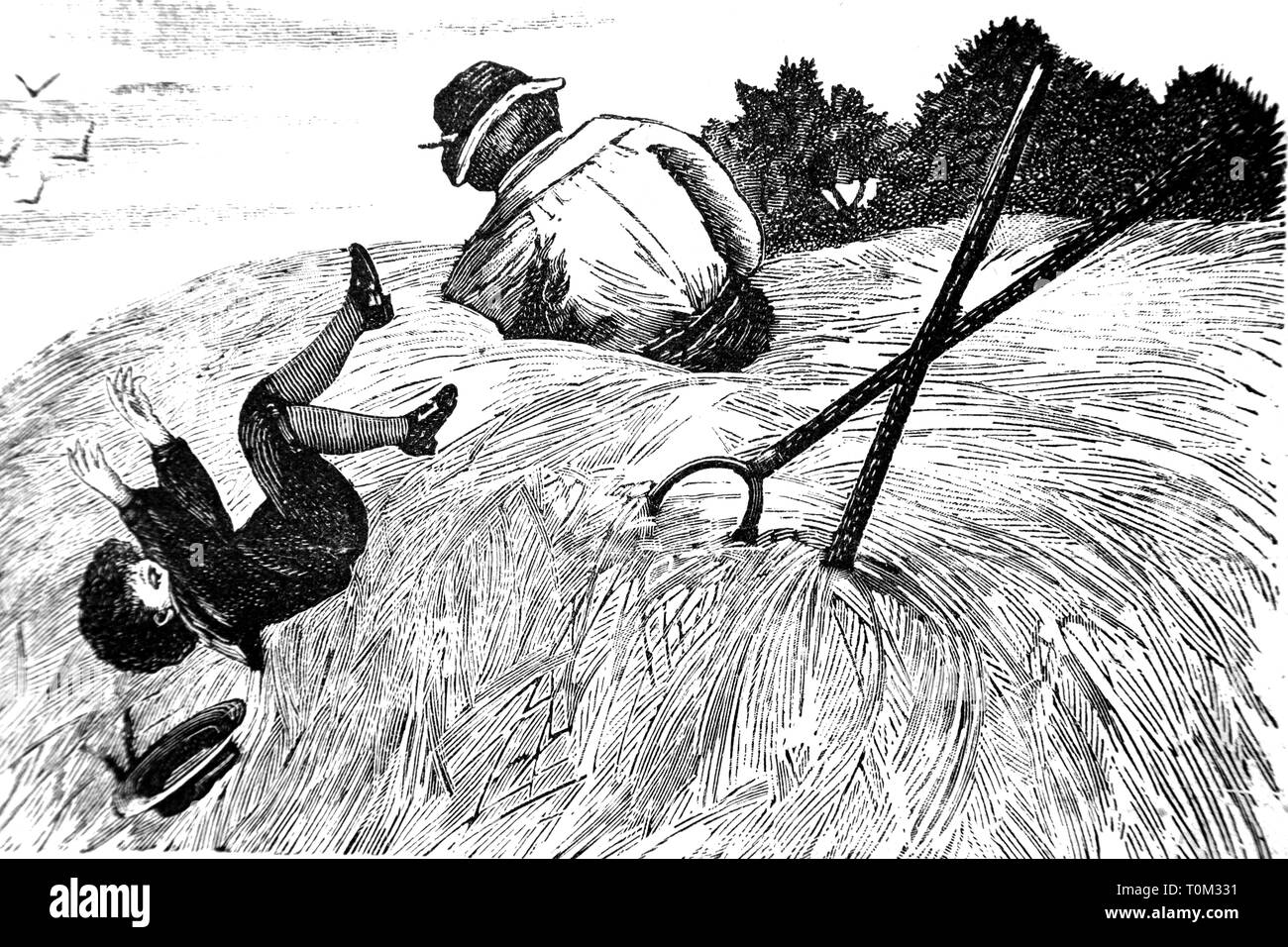 Child falling from the hay - Vintage Engraved Illustration, 1894 Stock ...