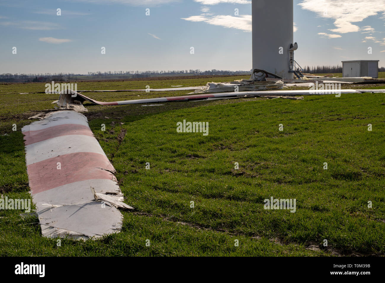 Broken windmill shovels. Damaged windmill for generating electricity ...
