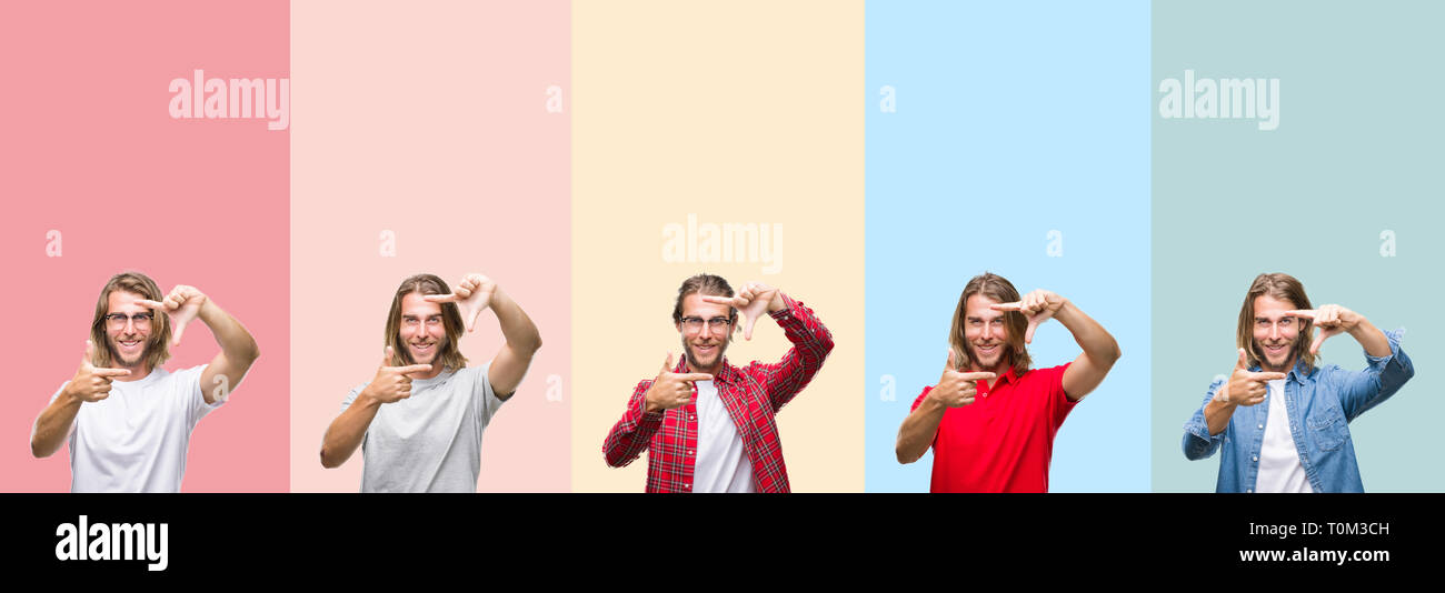 Collage of young handsome man over colorful stripes isolated background ...