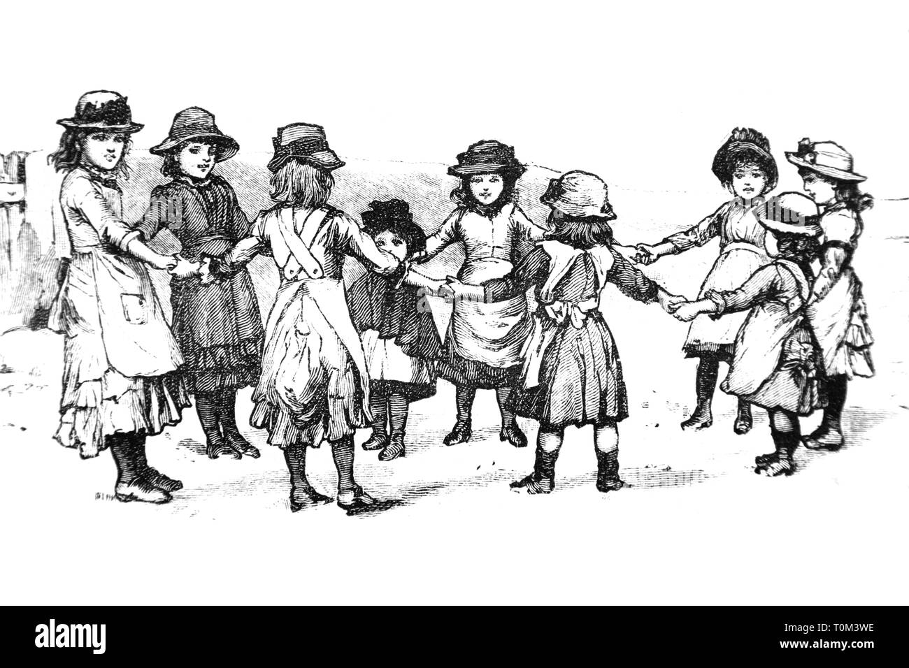 Little girls playing round dance - Vintage Engraved Illustration, 1894 ...