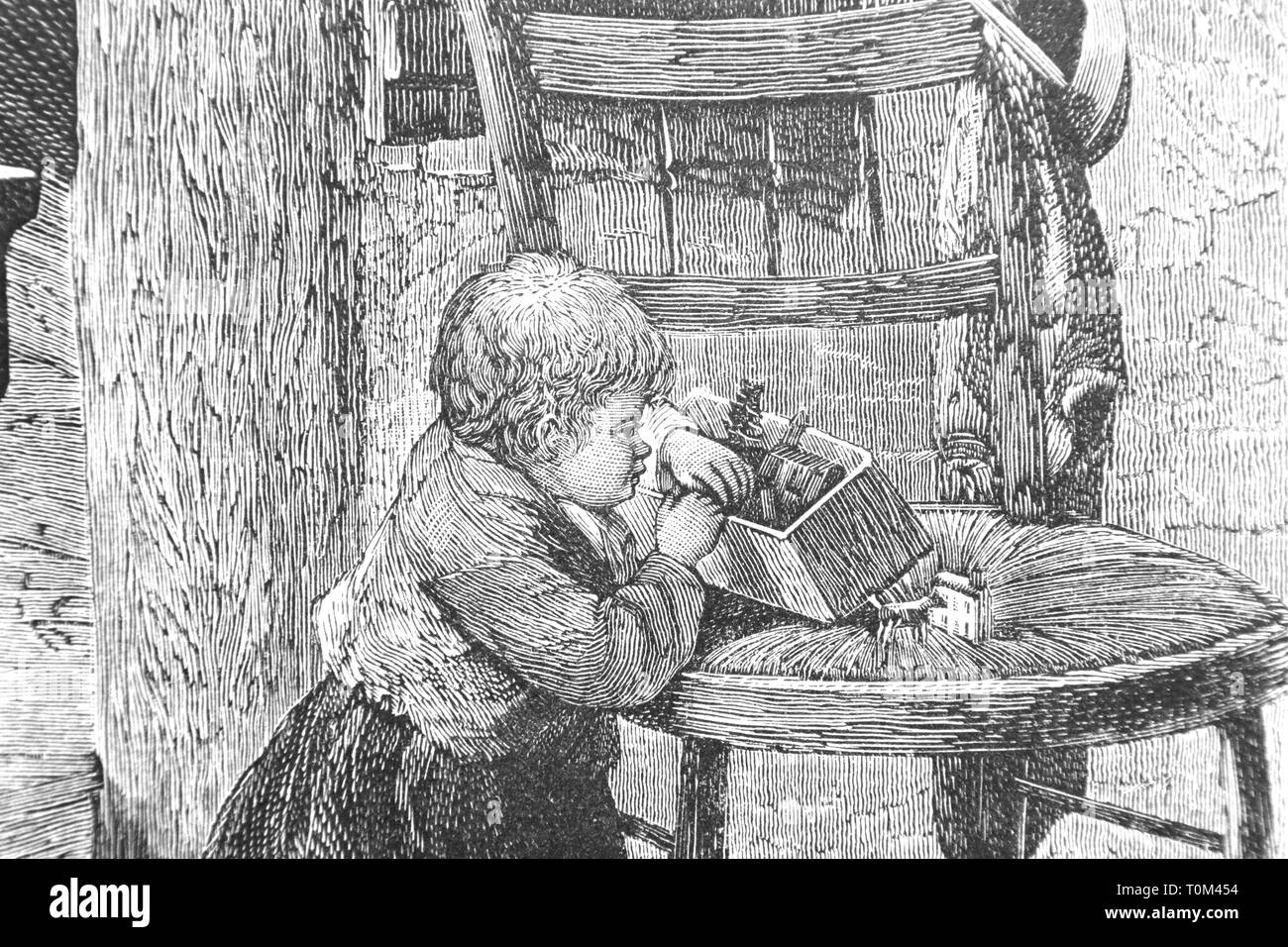 Child looks in the box - Vintage Engraved Illustration, 1894 Stock ...