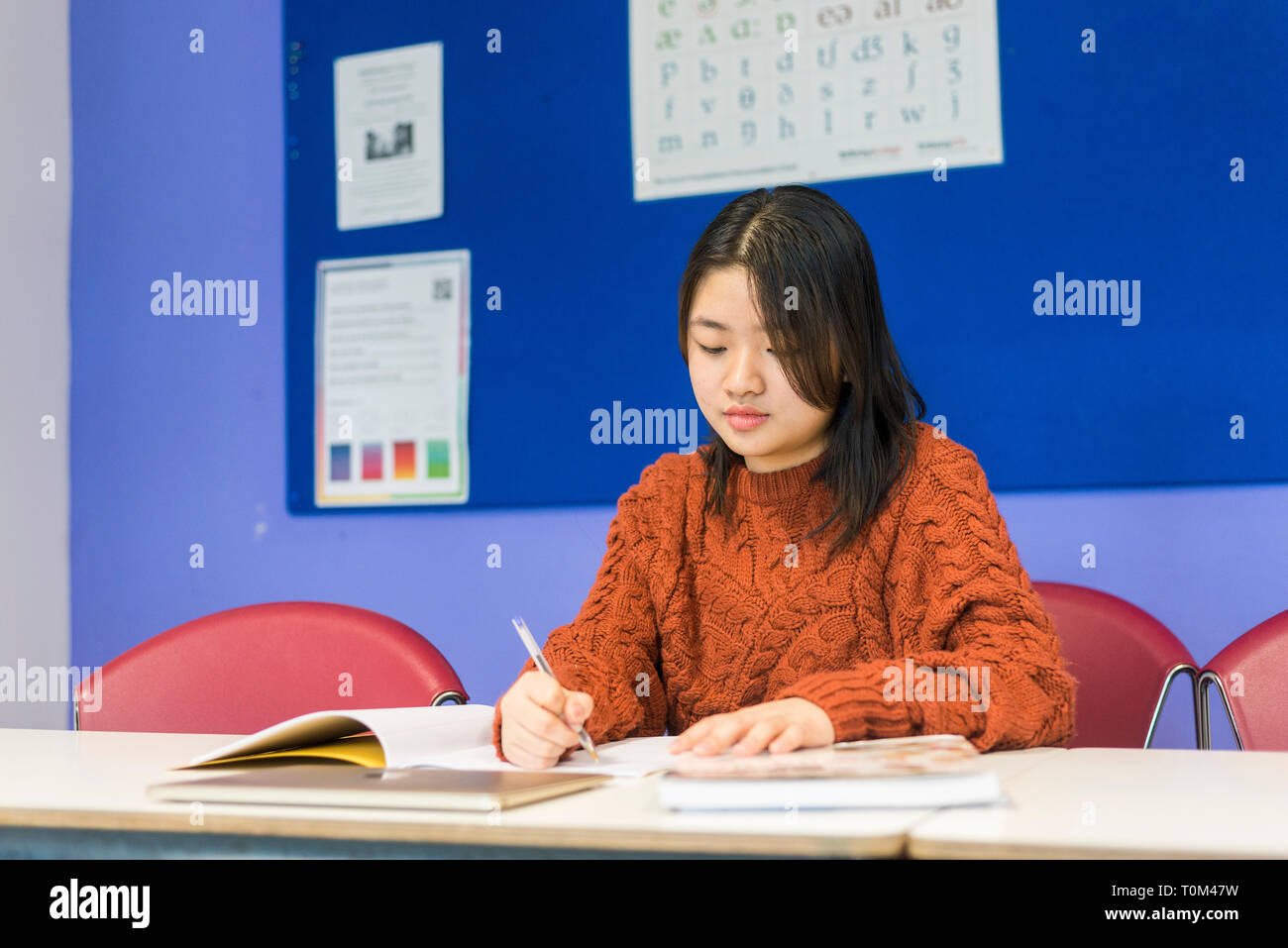 A young international Asian student sits at a desk in a classroom ...