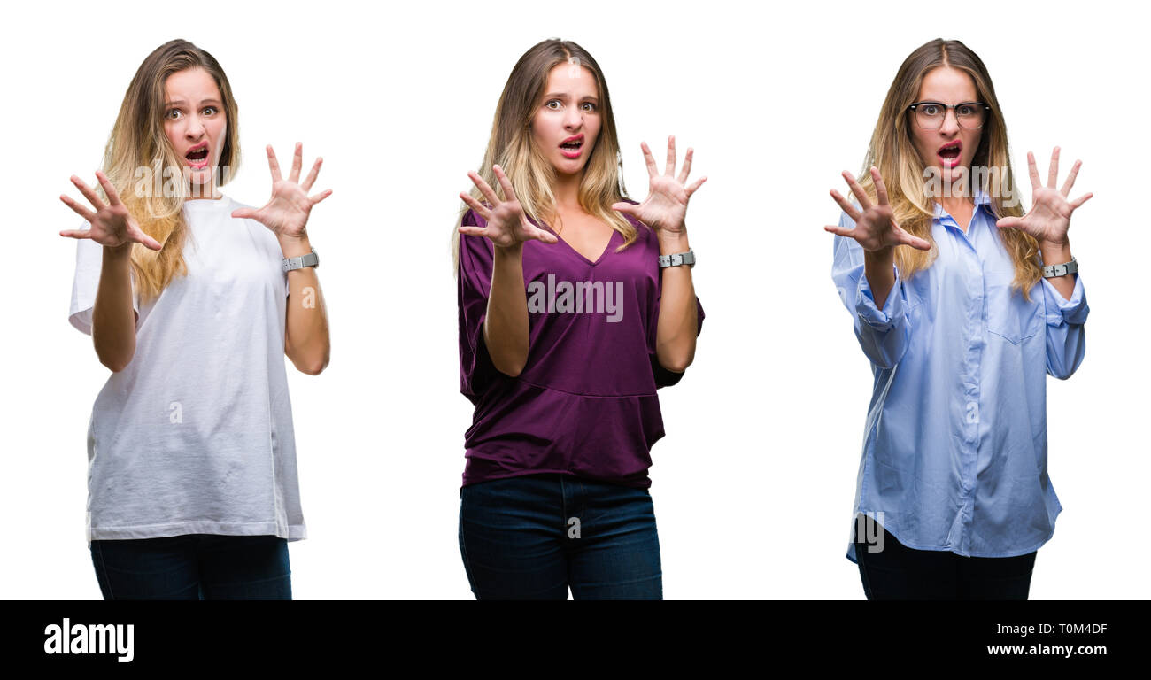 Collage of young beautiful blonde woman over isolated background afraid ...