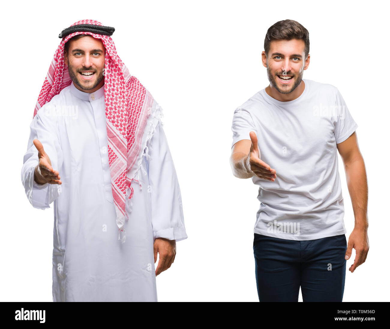 Collage of handsome young man and arab man over isolated background ...