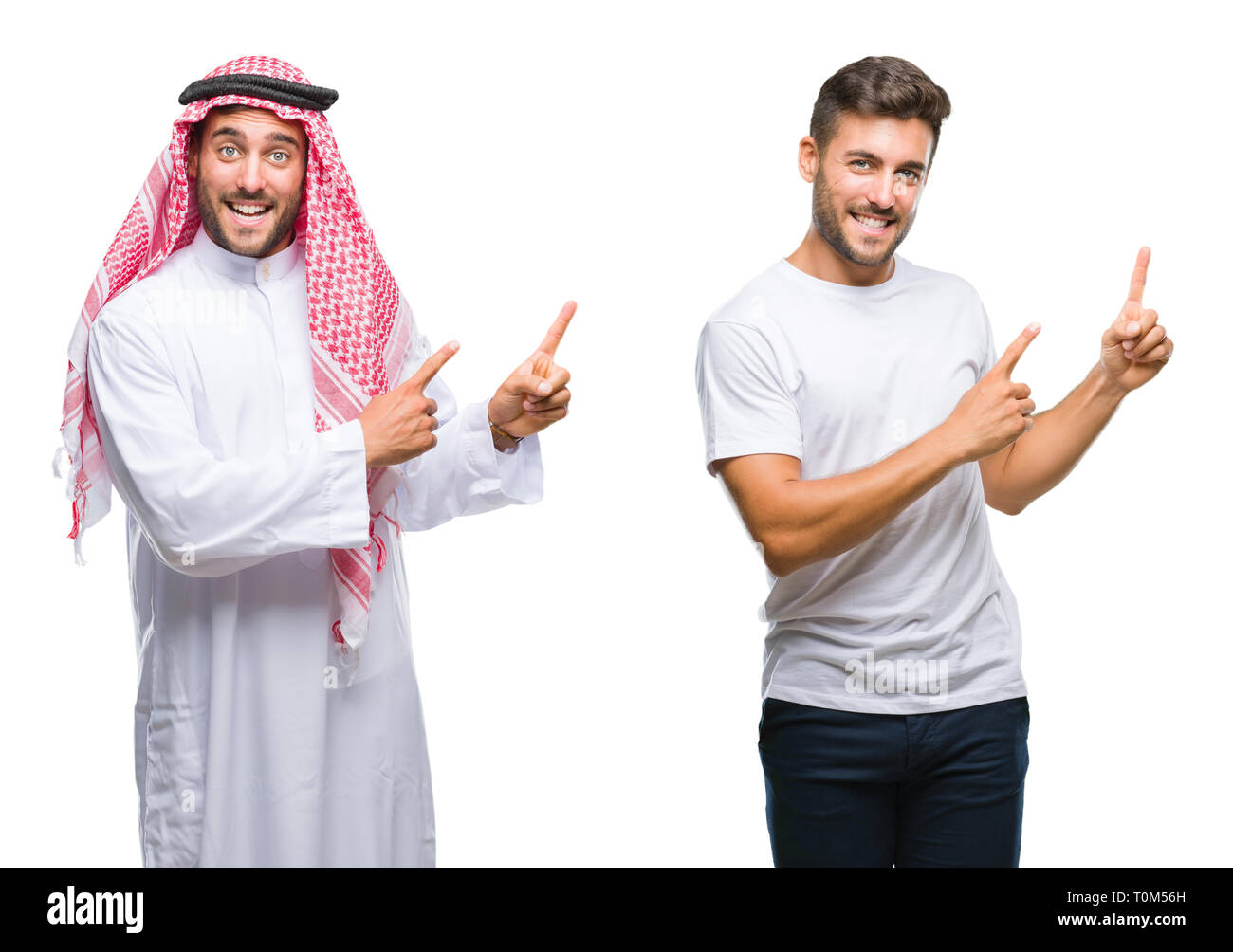 Collage of handsome young man and arab man over isolated background ...