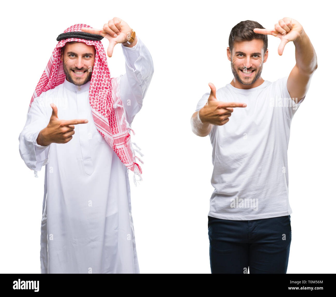 Collage of handsome young man and arab man over isolated background ...