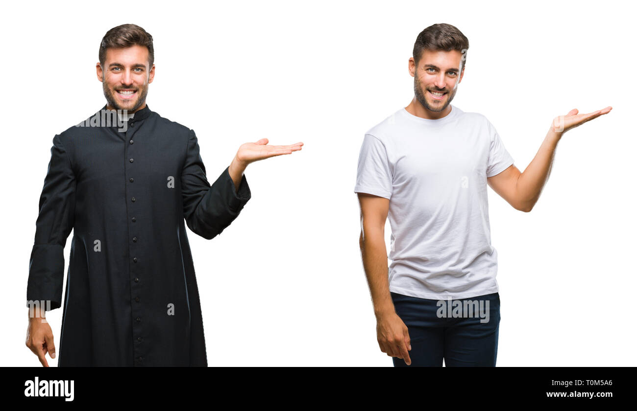 Collage of handsome young man and catholic priest over isolated ...