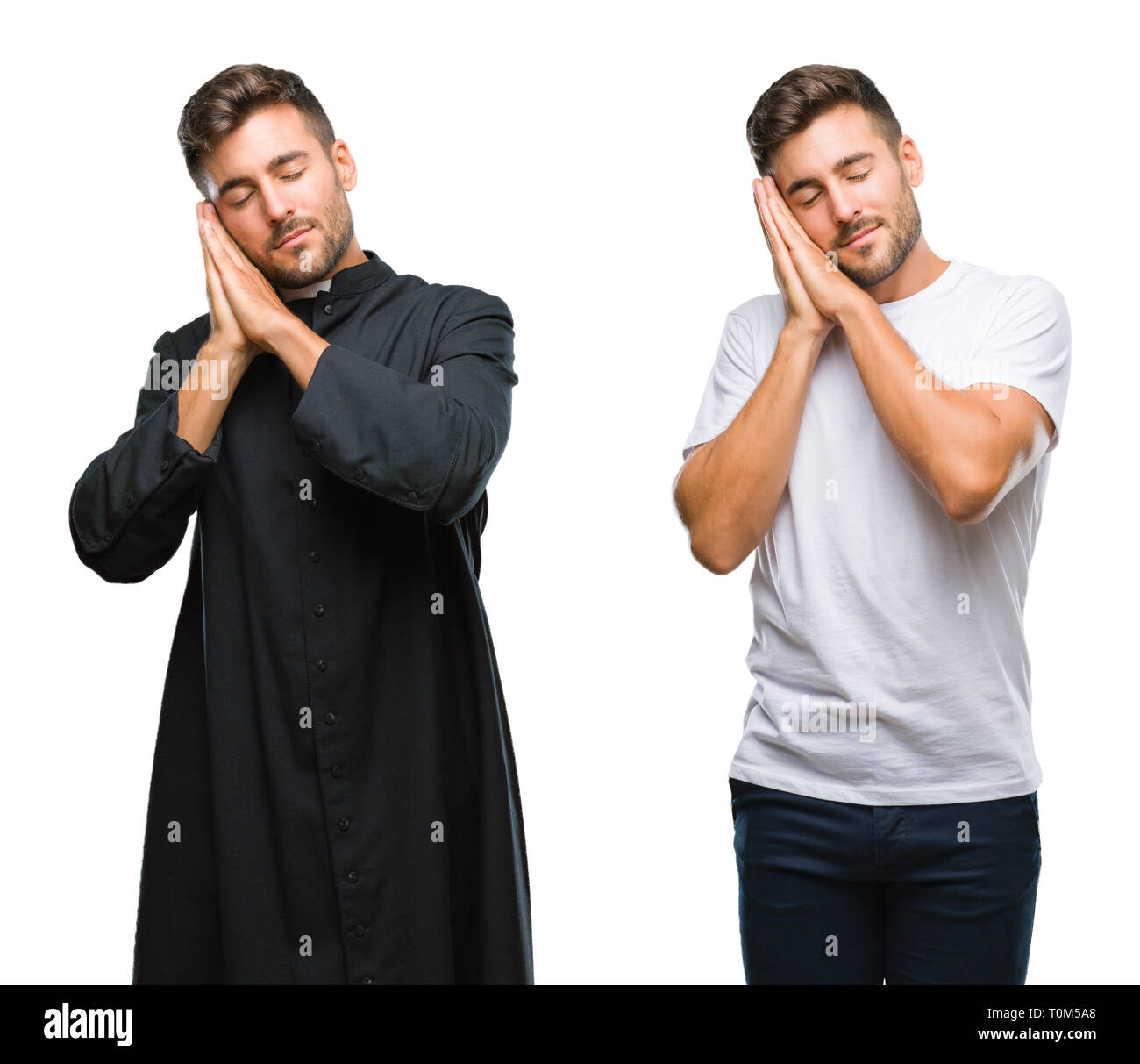Collage of handsome young man and catholic priest over isolated ...