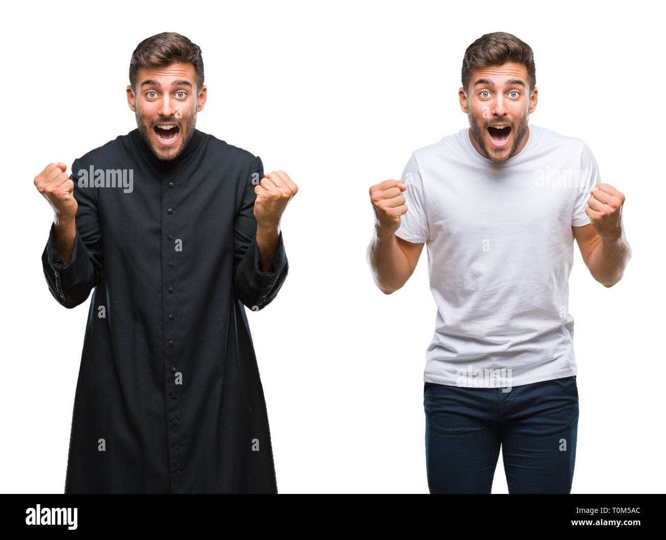Collage of handsome young man and catholic priest over isolated ...