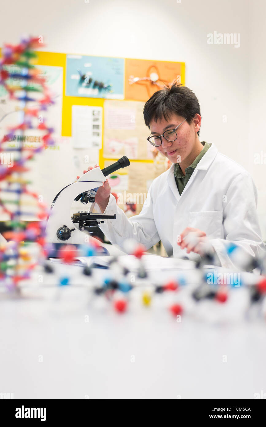 A young overseas international Asian college student in the science lab ...