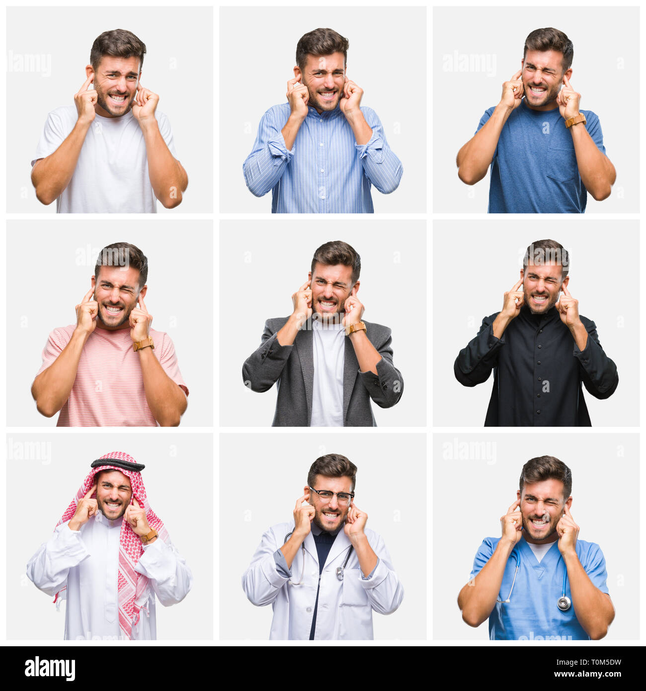 Collage of young doctor arab business man isolated background covering ...