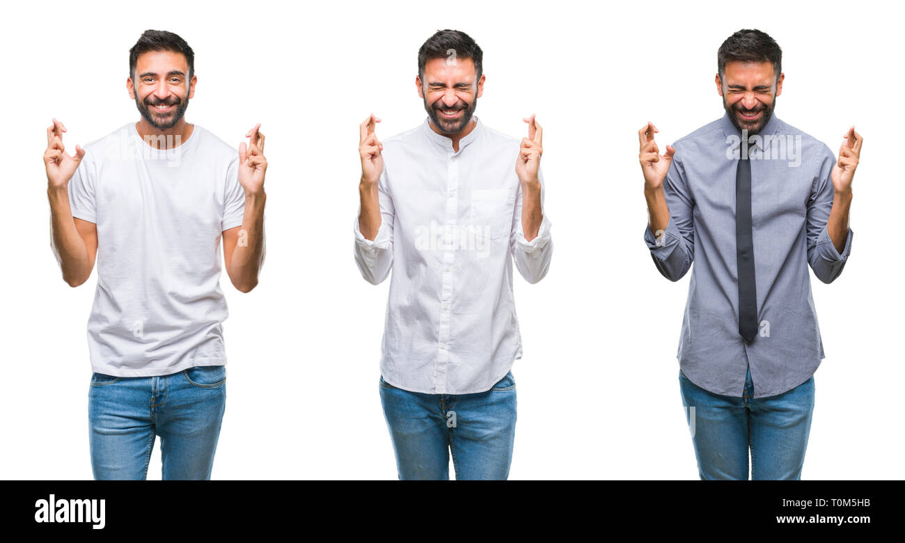 Collage of handsome young indian man over isolated background feeling ...