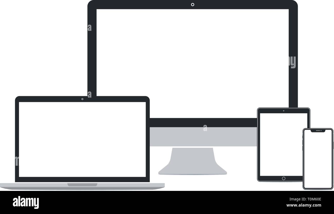 Desktop pc, laptop, tablet pc and smart phone set on white background ...