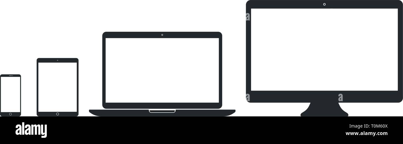 Smart phone, tablet pc, laptop, desktop pc set on white background ...